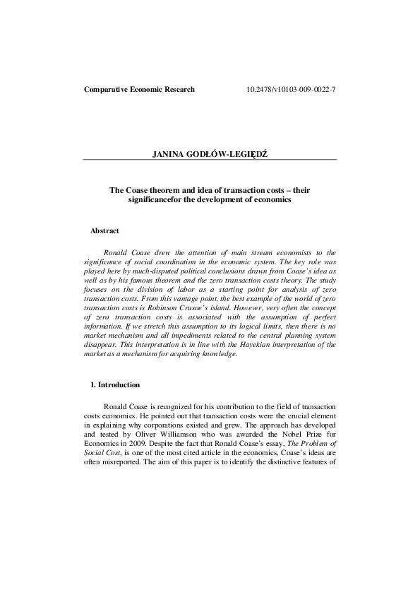 (PDF) The Coase theorem and idea of transaction costs – their ...
