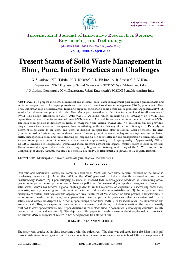 (PDF) Present Status of Solid Waste Management in Bhor, Pune, India ...