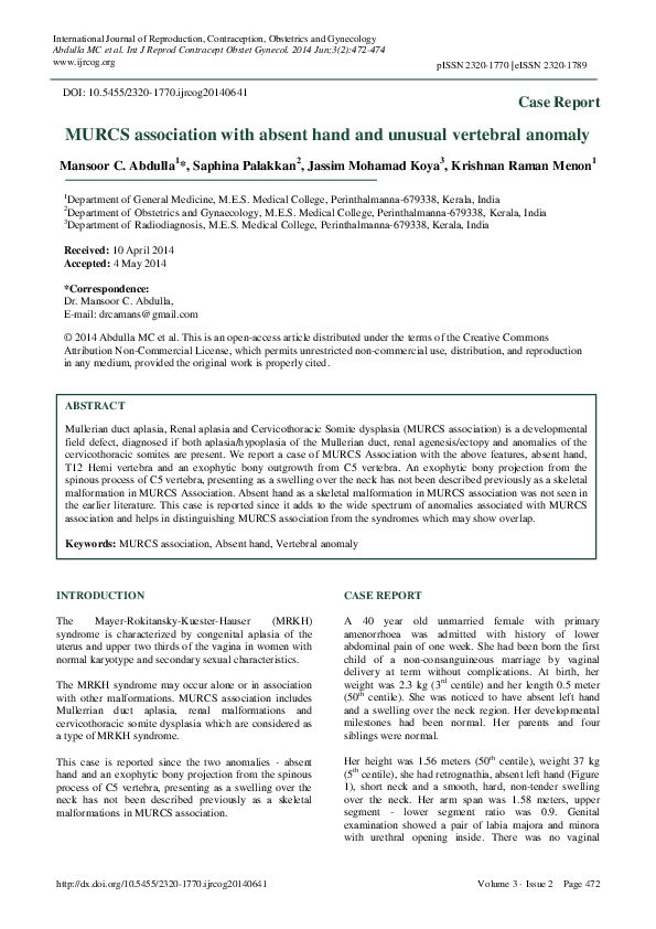 (PDF) MURCS association with absent hand and unusual vertebral anomaly ...