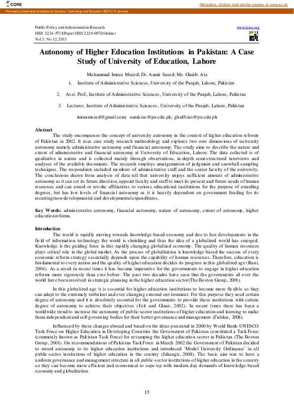 (PDF) Autonomy of Higher Education Institutions in Pakistan: A Case ...