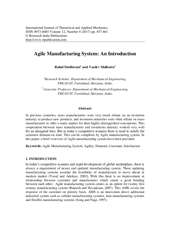 (PDF) Agile Manufacturing System : An Introduction