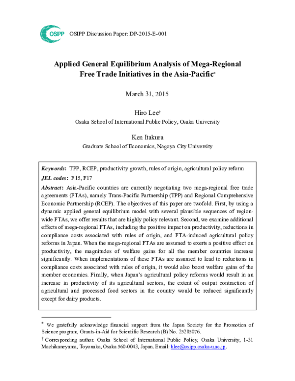 (PDF) Applied General Equilibrium Analysis of Mega-Regional Free Trade Initiatives in the Asia ...
