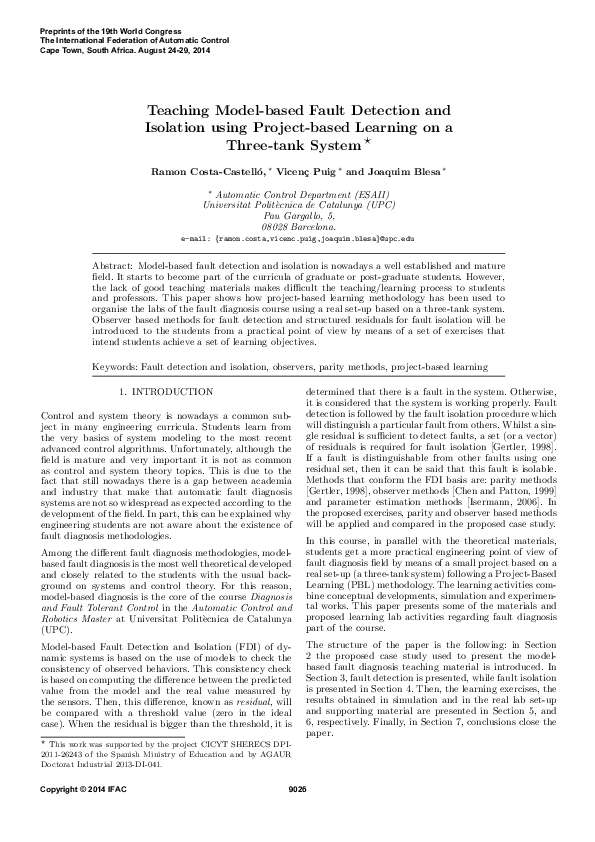 Pdf Teaching Model Based Fault Detection And Isolation Using Project Based Learning On A Three