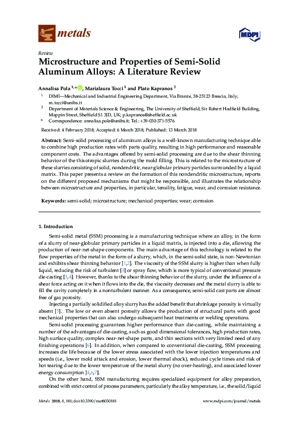 (PDF) Microstructure and Properties of Semi-Solid Aluminum Alloys: A Literature Review