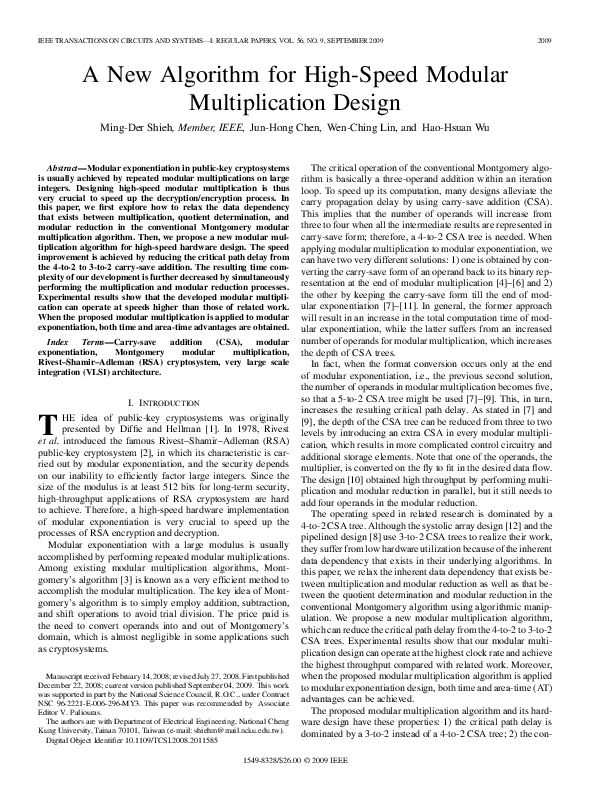 (PDF) A New Algorithm for High-Speed Modular Multiplication Design