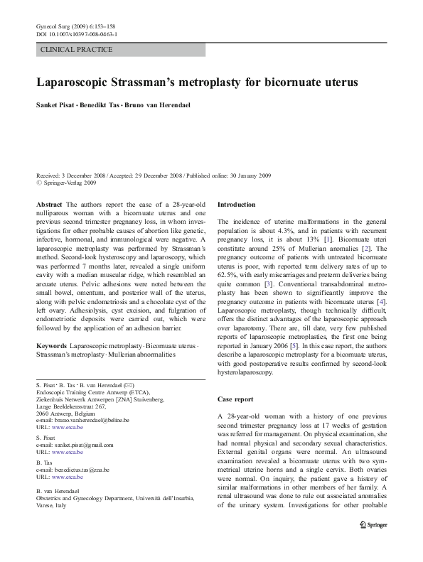 (PDF) Laparoscopic Strassman’s metroplasty for bicornuate uterus