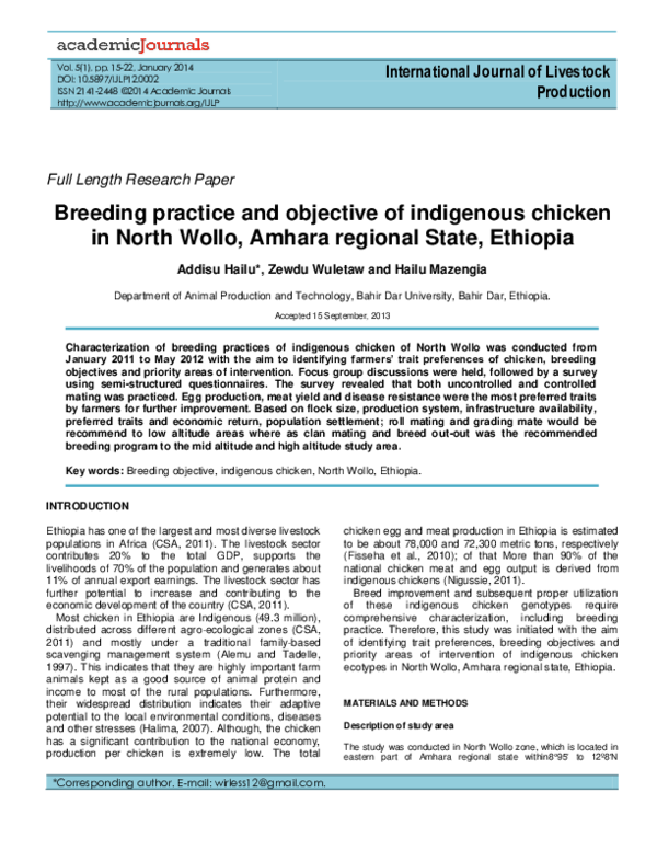 (PDF) Breeding practice and objective of indigenous chicken in North Wollo, Amhara regional ...