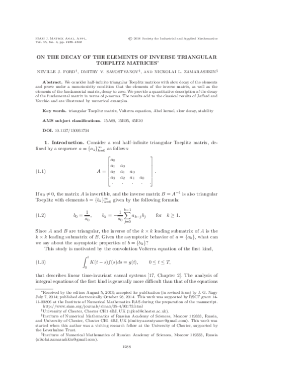 (PDF) On the Decay of the Elements of Inverse Triangular Toeplitz Matrices