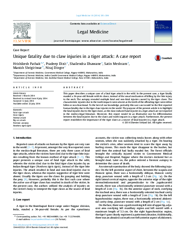(PDF) Unique fatality due to claw injuries in a tiger attack: A case report