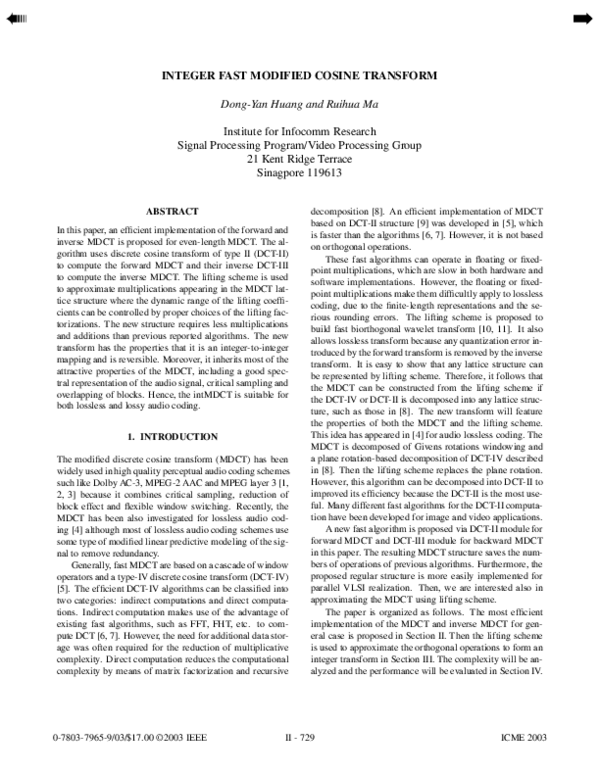 Pdf Integer Fast Modified Cosine Transform