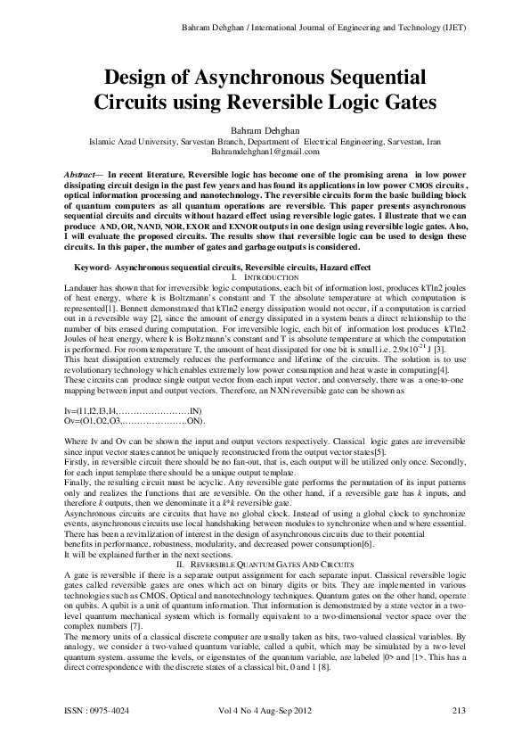 Pdf Asynchronous Circuits With Reversible Logic