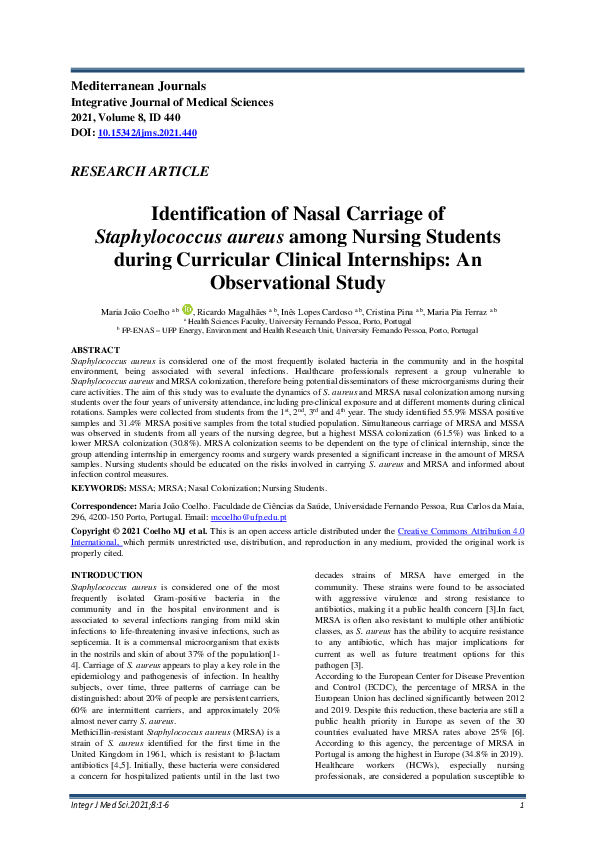 (PDF) Identification of Nasal Carriage of Staphylococcus aureus among Nursing Students during ...