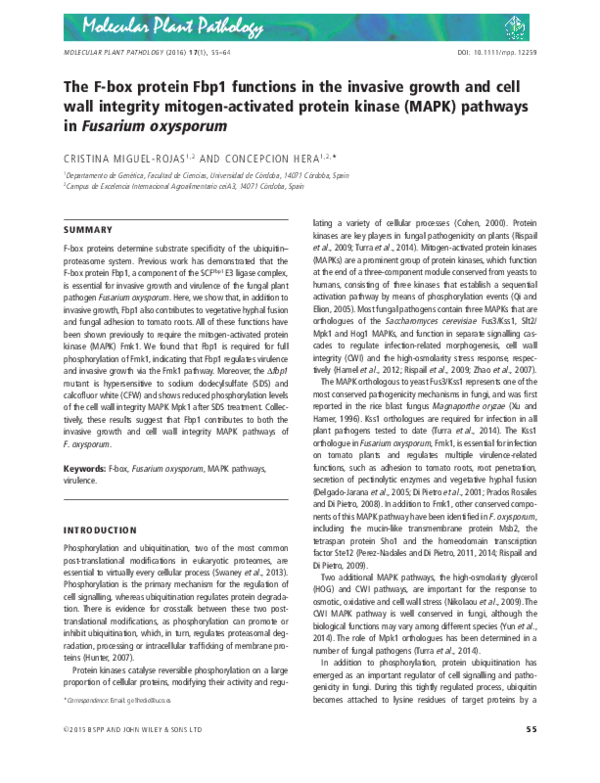 (PDF) The F-box protein Fbp1 functions in the invasive growth and cell ...