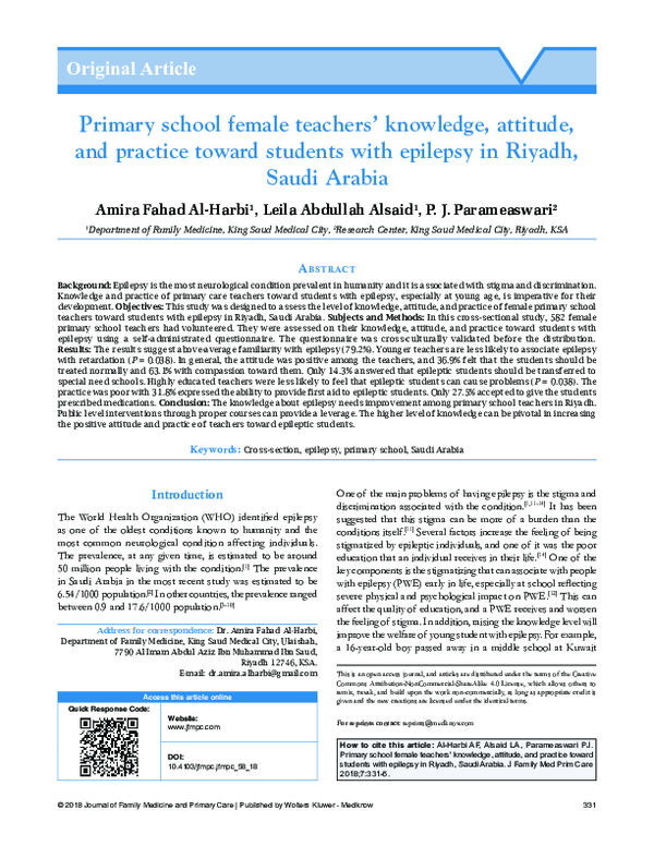 (PDF) Primary school female teachers' knowledge, attitude, and practice ...