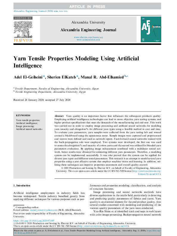 (PDF) Yarn Tensile Properties Modeling Using Artificial Intelligence