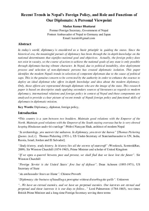 (PDF) Recent Trends in Nepal’s Foreign Policy, and Role and Functions ...