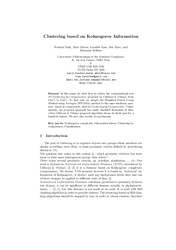 (PDF) Clustering Based on Kolmogorov Information