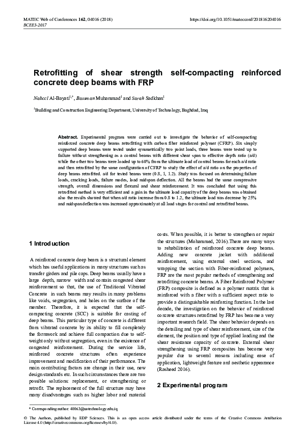 Pdf Retrofitting Of Shear Strength Self Compacting Reinforced Concrete Deep Beams With Frp