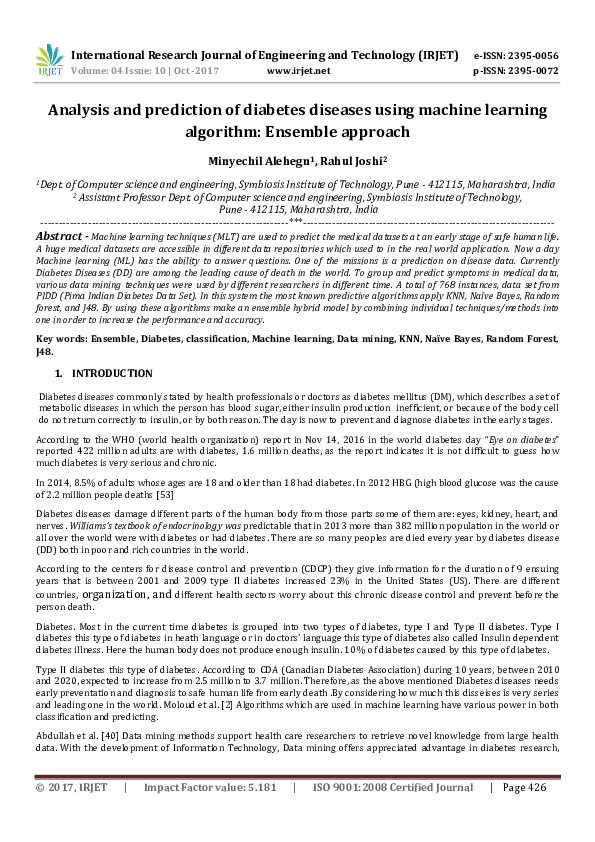(PDF) Analysis and prediction of diabetes diseases using machine ...