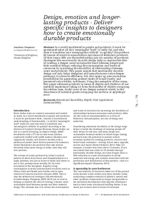 (PDF) Design, emotion and longer- lasting products - Deliver specific ...