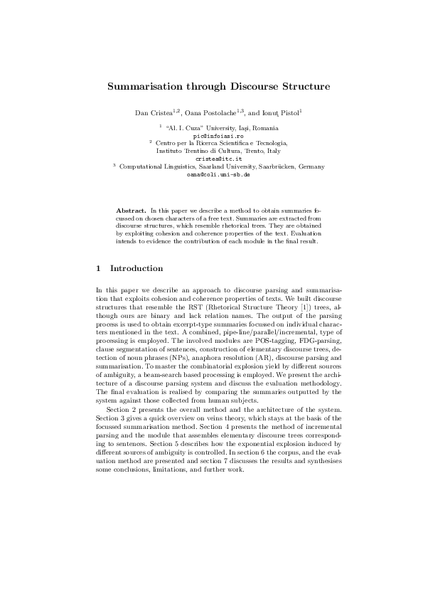 (PDF) Summarisation Through Discourse Structure