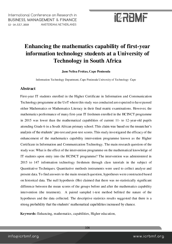 (PDF) Enhancing the mathematics capability of first-year information ...