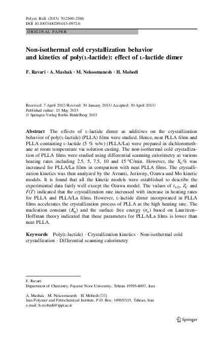 (PDF) Non-isothermal cold crystallization behavior and kinetics of poly(l-lactide): effect of l ...