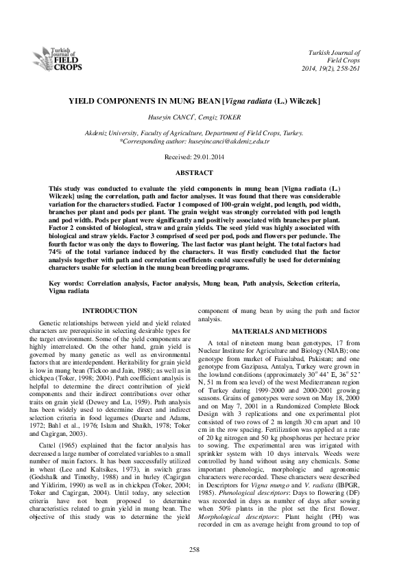 (PDF) Yield Components in Mung Bean [Vigna radiata (L.) Wilczek]
