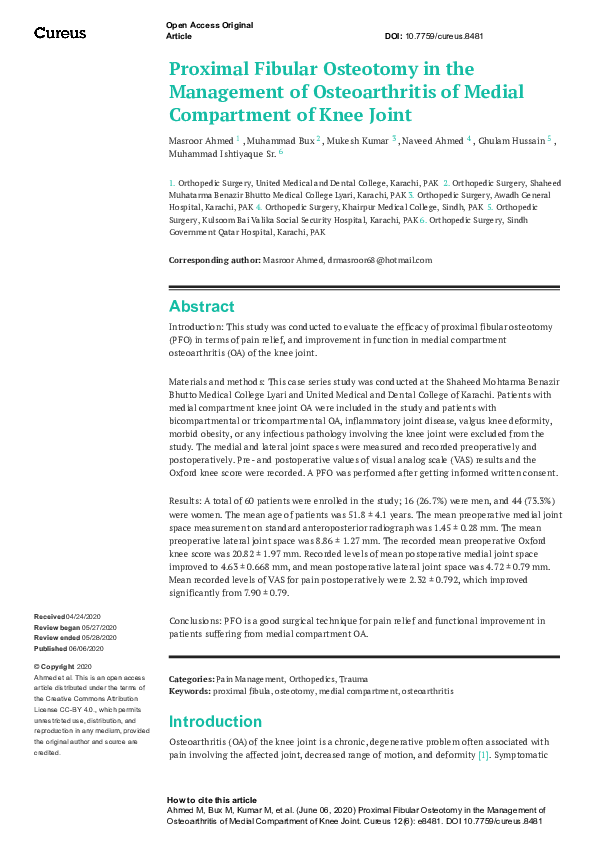 (PDF) Proximal Fibular Osteotomy in the Management of Osteoarthritis of ...