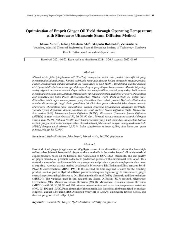 (PDF) Optimization of Emprit Ginger Oil Yield through Operating ...