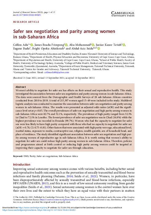 Pdf Safer Sex Negotiation And Parity Among Women In Sub Saharan Africa