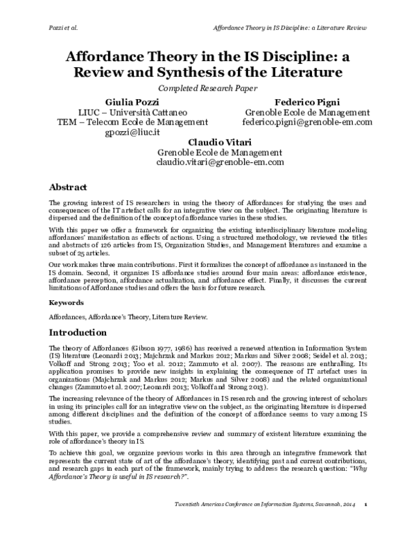 (PDF) Affordance Theory in the IS Discipline: a Review and Synthesis of ...