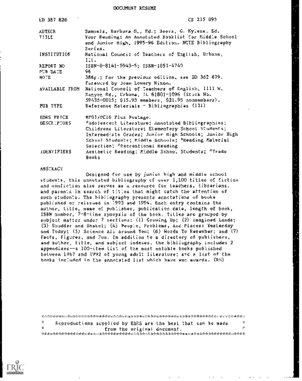 (PDF) Your Reading: An Annotated Booklist for Middle School and Junior ...