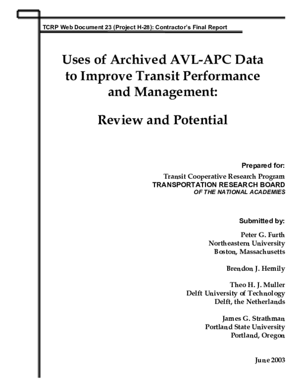 (PDF) Uses of archived AVL-APC data to improve transit performance and management: Review and ...