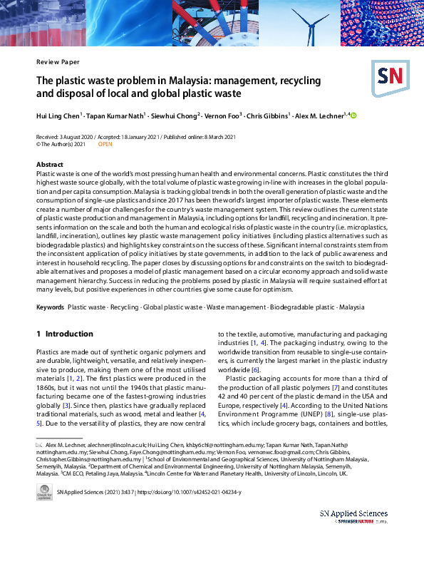 (PDF) The plastic waste problem in Malaysia: management, recycling and ...