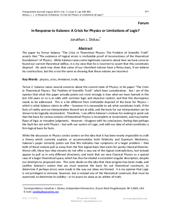 (PDF) In Response to Kalanov: A Crisis for Physics or Limitations of Logic?