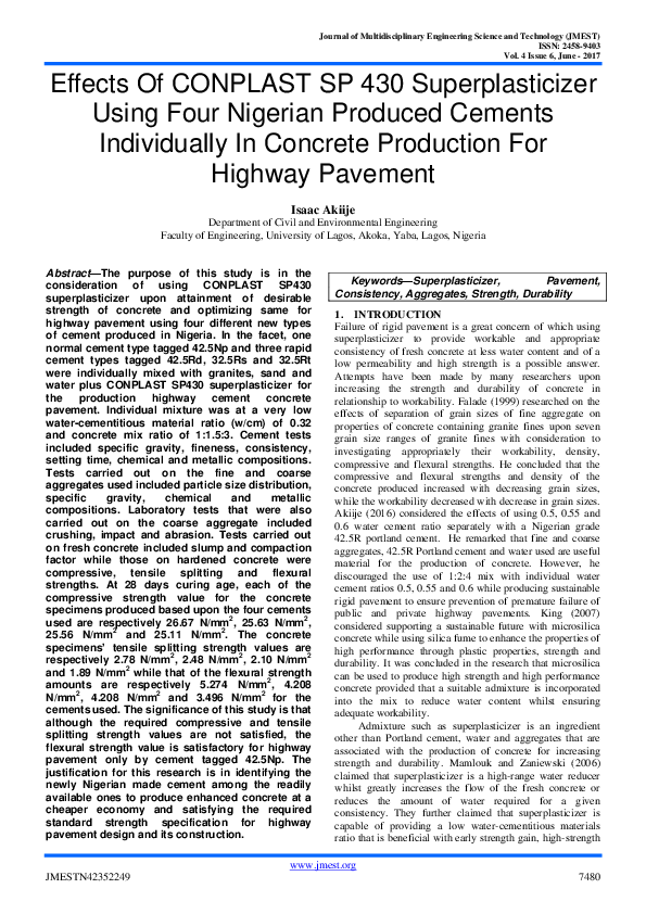 (PDF) Effects Of CONPLAST SP 430 Superplasticizer Using Four Nigerian ...