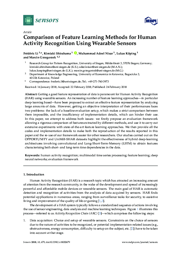 (PDF) Comparison of Feature Learning Methods for Human Activity Recognition Using Wearable Sensors
