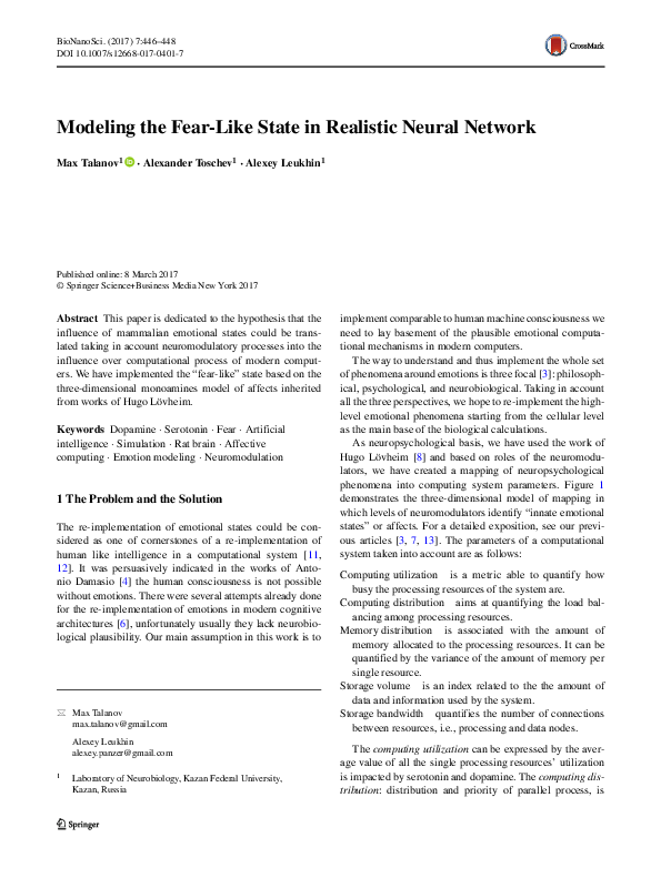 (PDF) Modeling the Fear-Like State in Realistic Neural Network