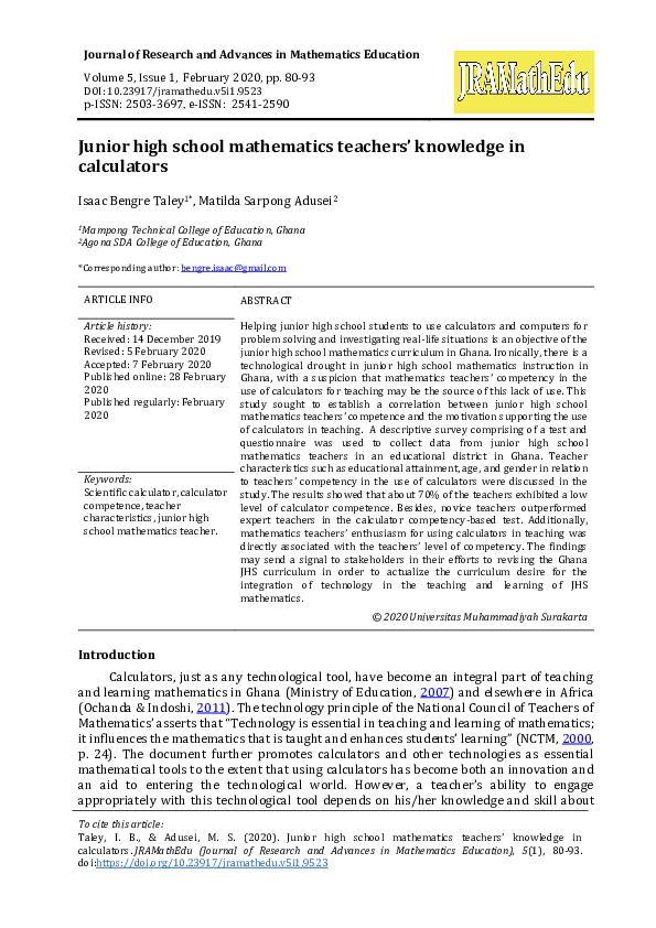 (PDF) Junior high school mathematics teachers’ knowledge in calculators
