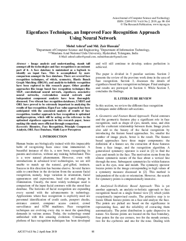 Pdf Eigenfaces Technique An Improved Face Recognition Approach Using
