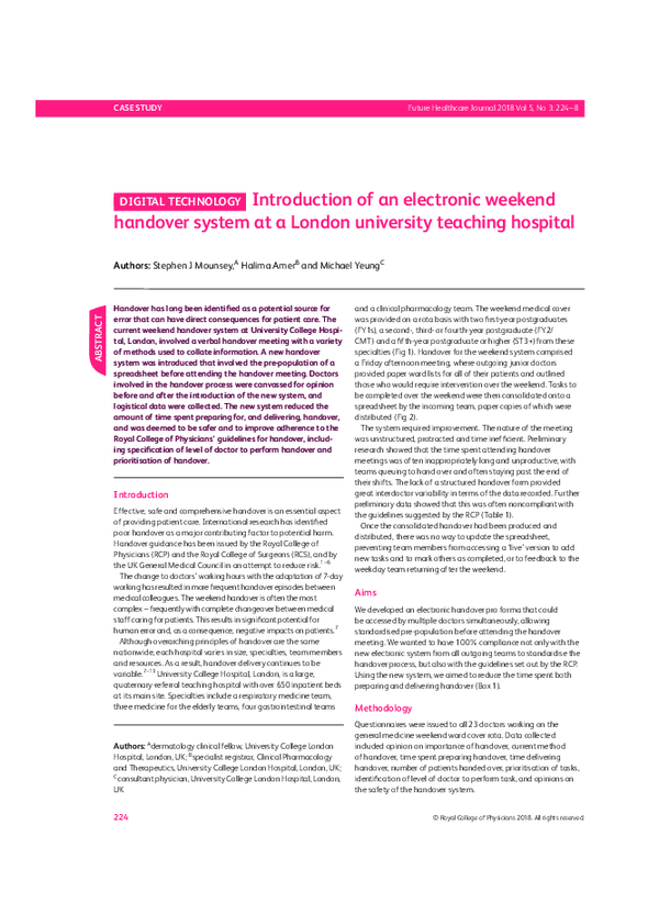 (PDF) Introduction of an electronic weekend handover system at a London ...