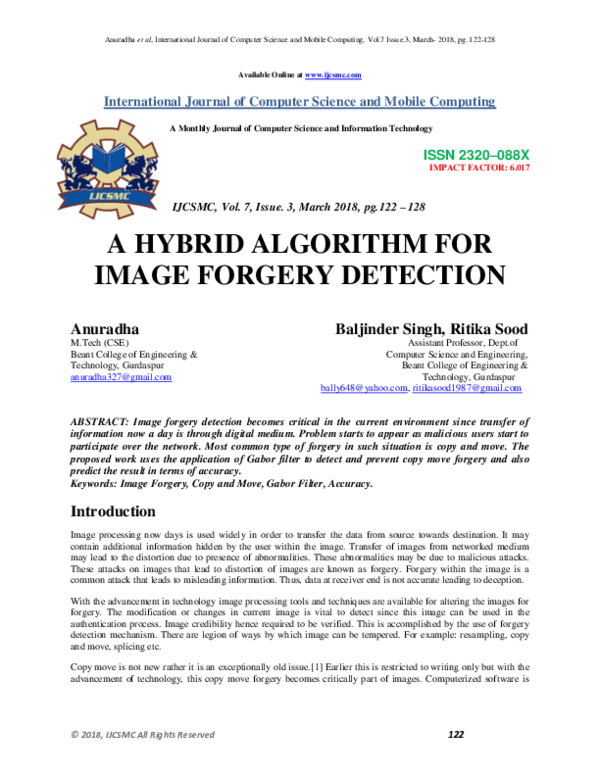 Pdf A Hybrid Algorithm For Image Forgery Detection