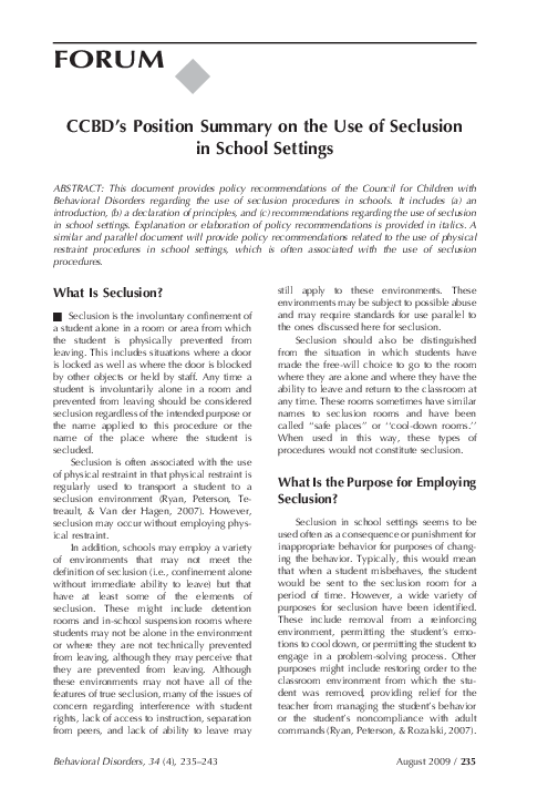 (PDF) CCBD's Position Summary on the Use of Seclusion in School Settings