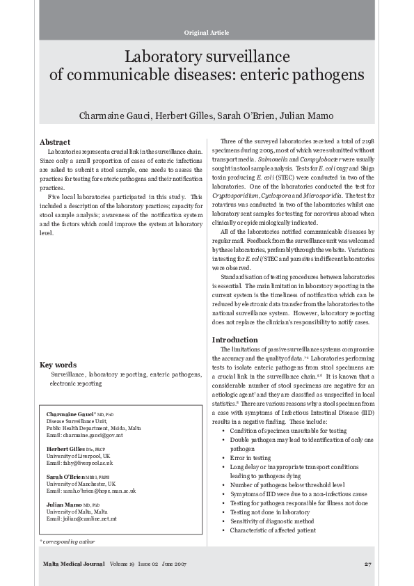 Pdf Laboratory Surveillance Of Communicable Diseases Enteric Pathogens