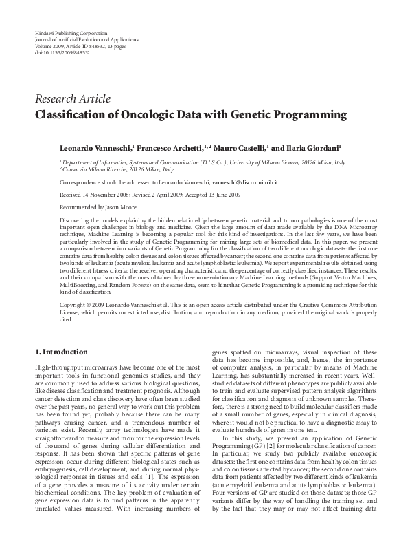 (PDF) Classification of Oncologic Data with Genetic Programming