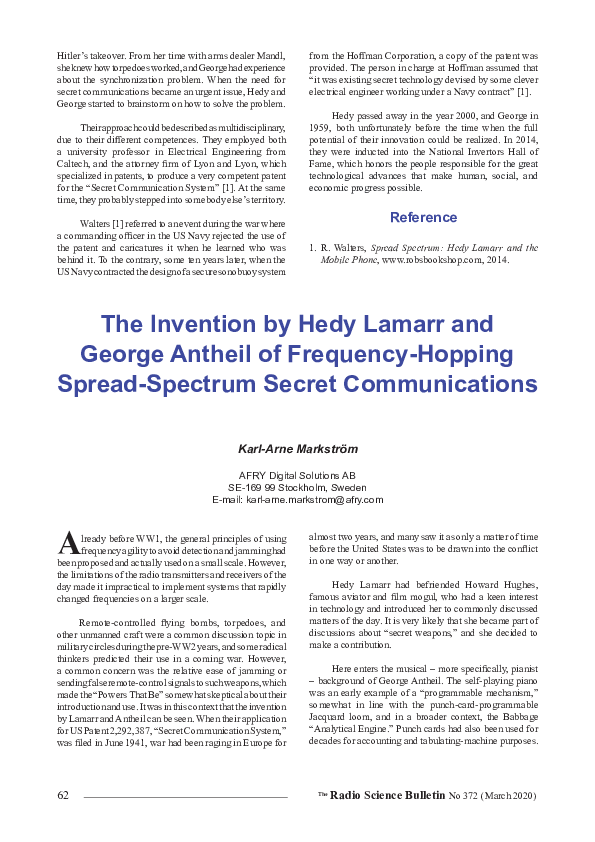 (PDF) The invention by Hedy Lamarr and George Antheil of frequency ...