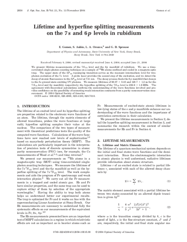 (PDF) Lifetime and hyperfine splitting measurements on the 7s and 6p ...