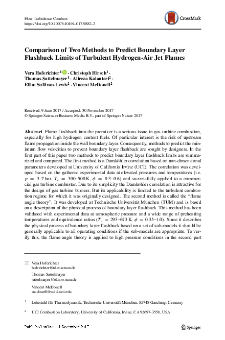 Pdf Comparison Of Two Methods To Predict Boundary Layer Flashback Limits Of Turbulent Hydrogen