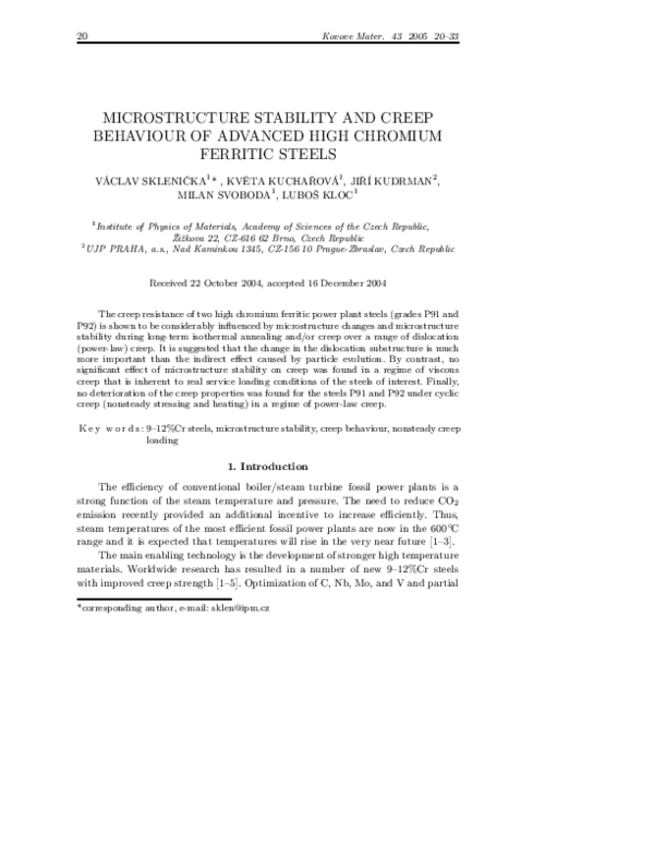(PDF) Microstructure Stability and Creep Behaviour of Advanced High Chromium Ferritic Steels